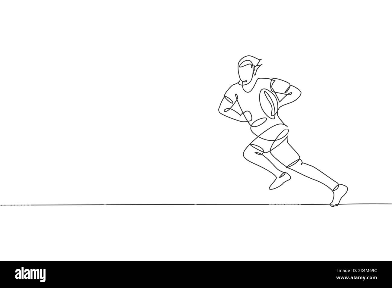 One single line drawing of young energetic male rugby player running ...