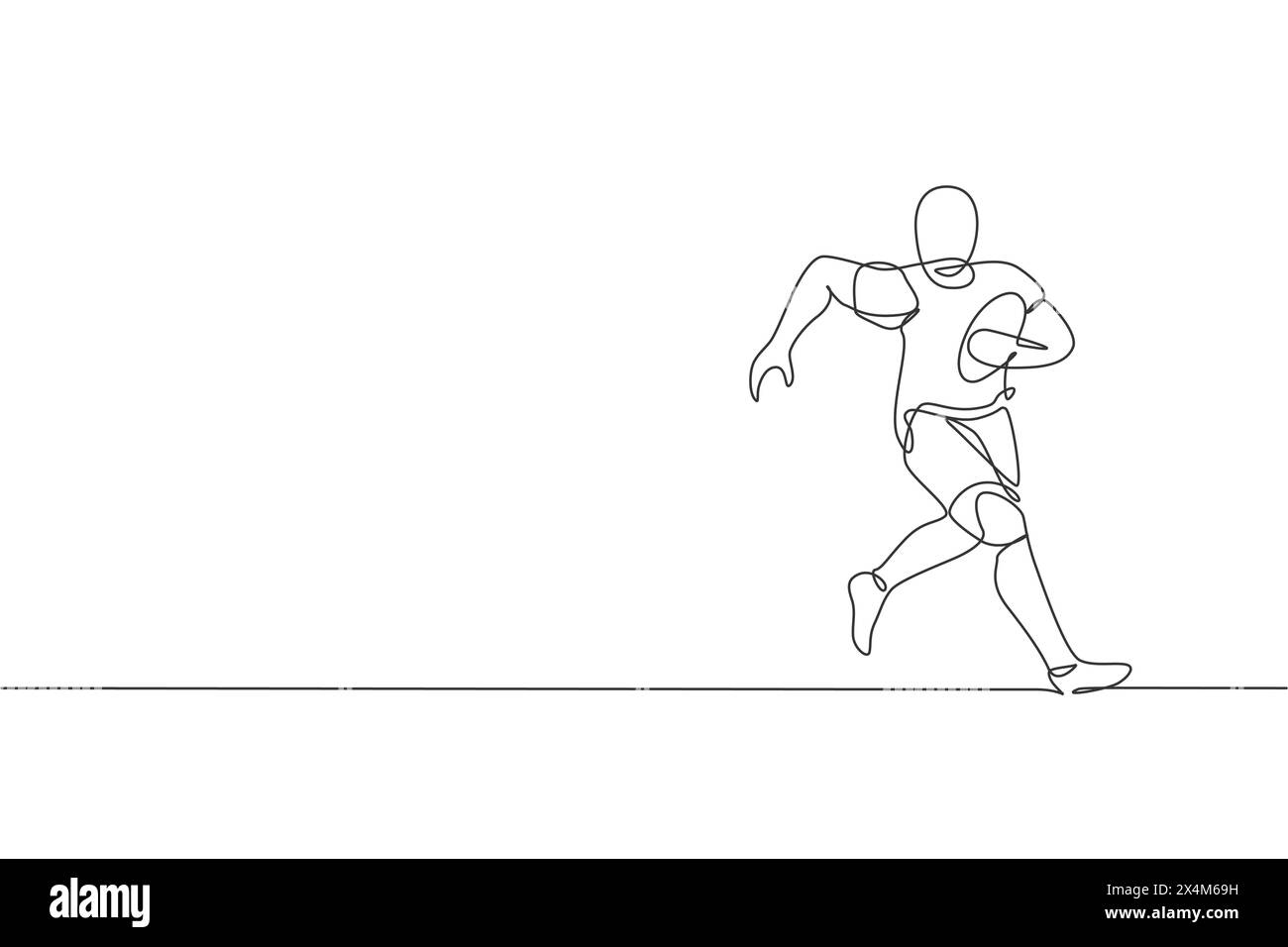 One single line drawing of young energetic man rugby player running to ...