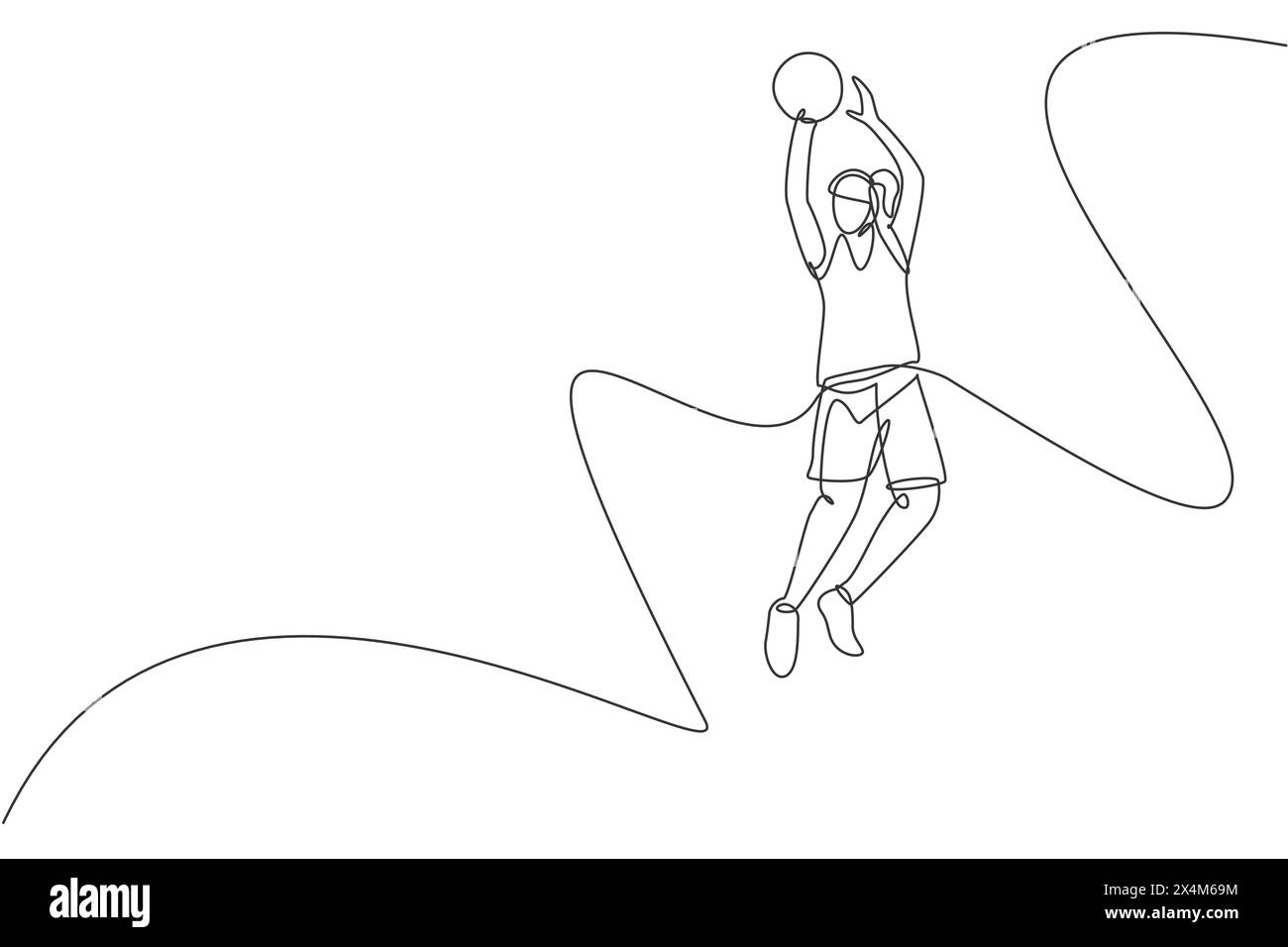 One single line drawing of young energetic basketball player jumping and shooting ball vector ...