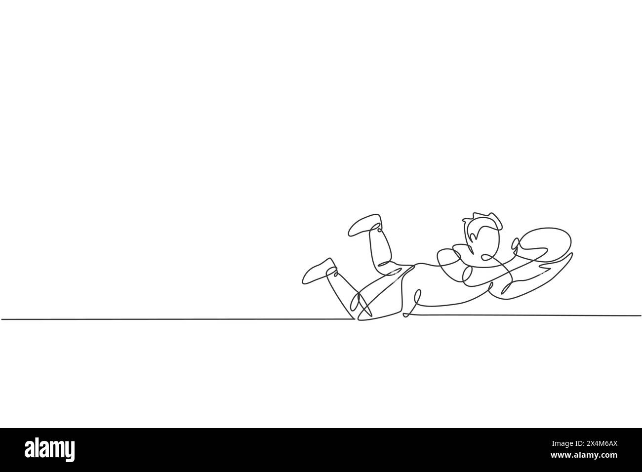 Single continuous line drawing of young agile rugby player jump flying ...