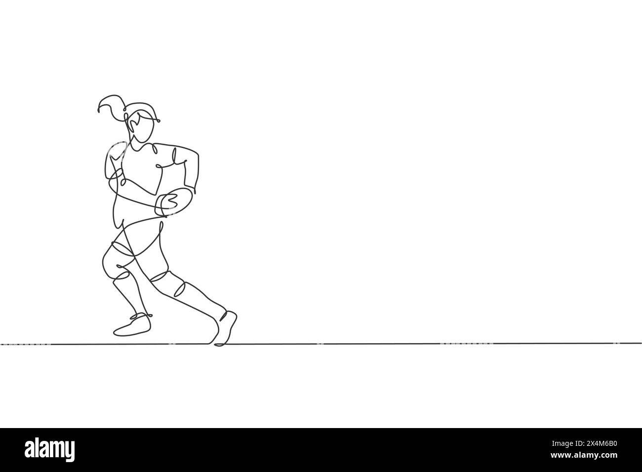 One continuous line drawing of young rugby player catch the ball and avoid opponent. Competitive ...