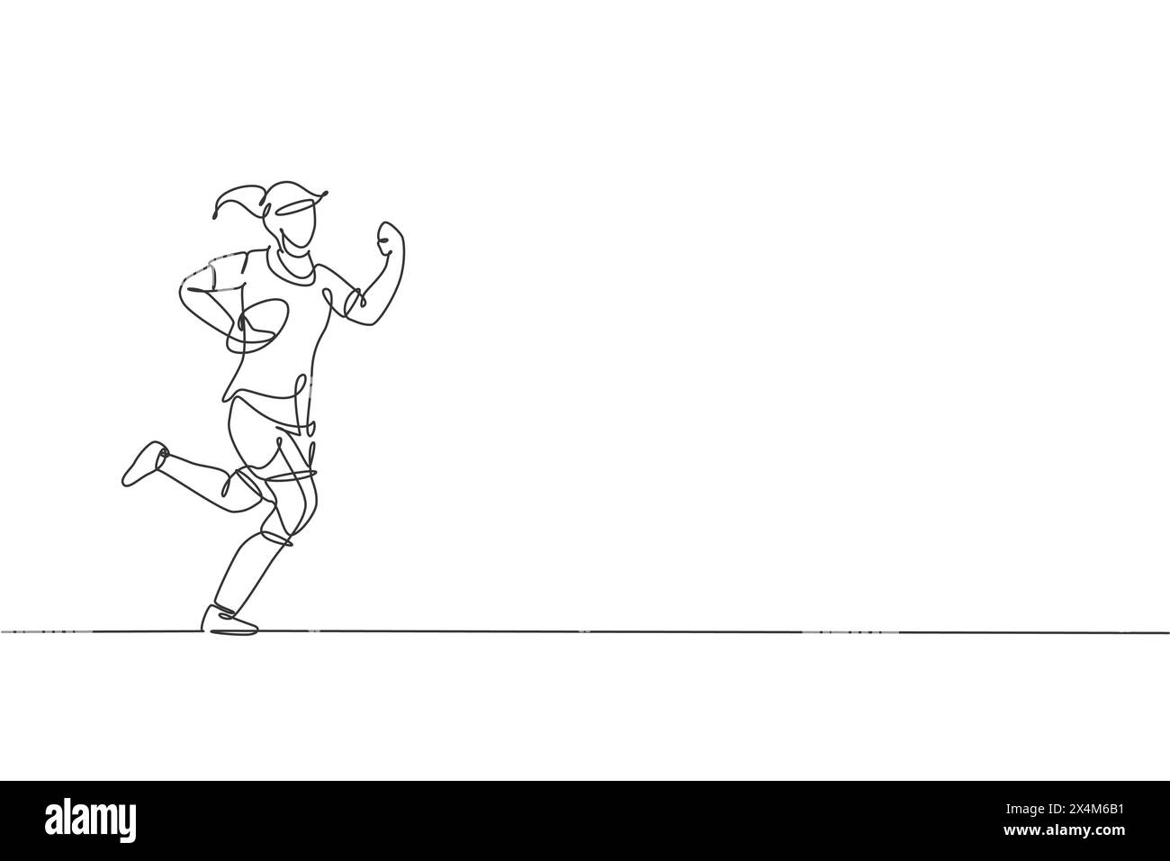 One single line drawing of young energetic rugby player running and holding the ball vector ...