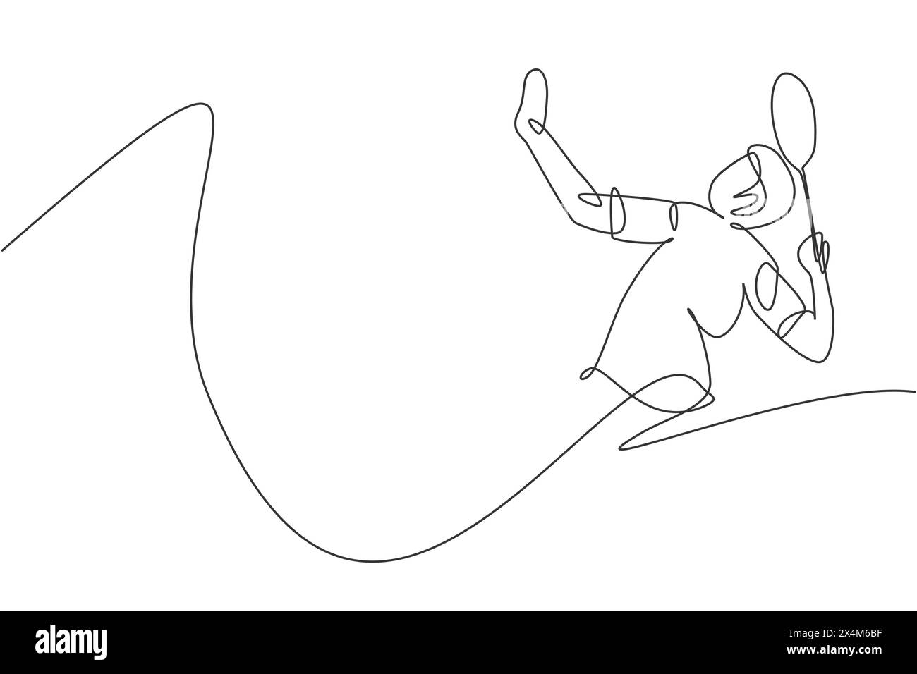One continuous line drawing of young badminton player hit shuttlecock ...