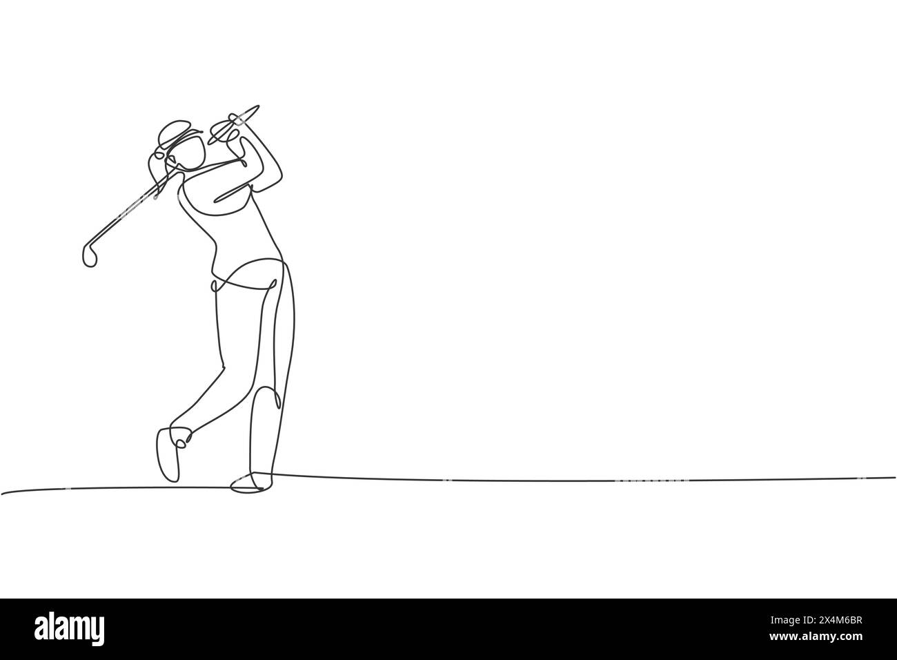 Single continuous line drawing of young happy golf player swing the ...