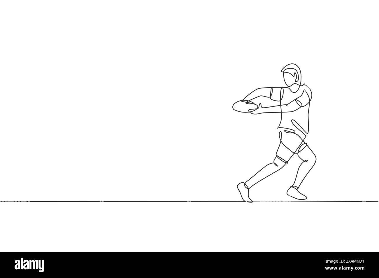 One continuous line drawing of young male rugby player catch the ball ...