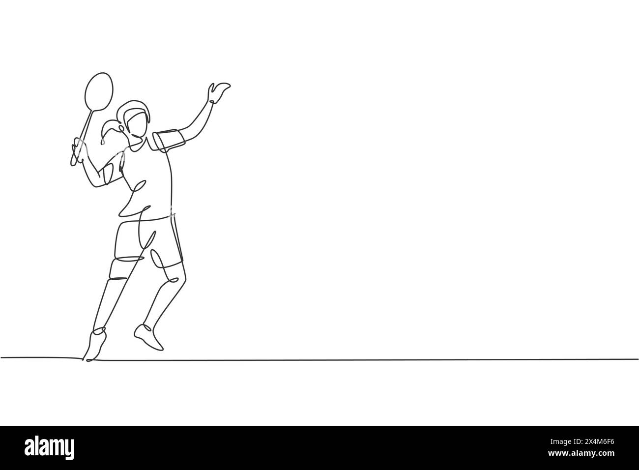 One single line drawing young energetic badminton player ready to hit ...