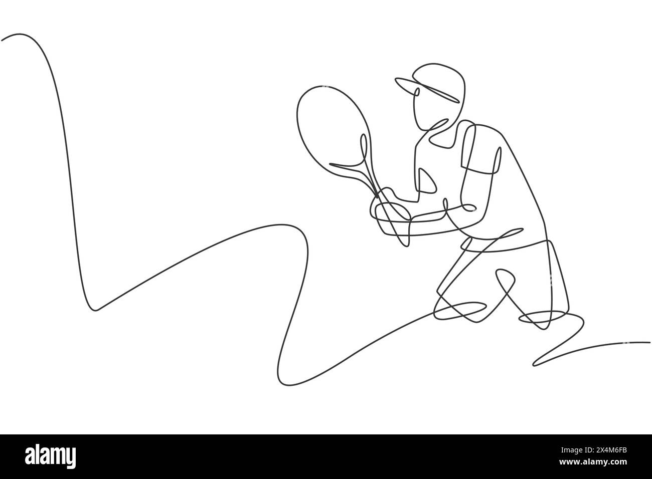 One continuous line drawing of young male tennis player concentrating ...