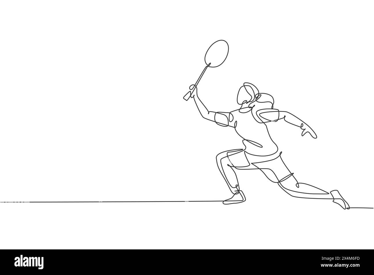 One single line drawing of young energetic badminton player jumping and ...