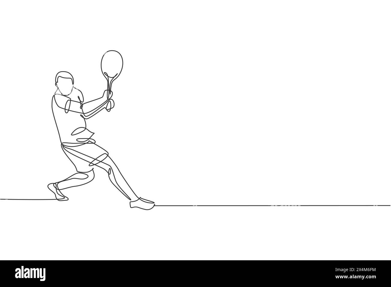 One continuous line drawing young happy tennis player defense and hit ...