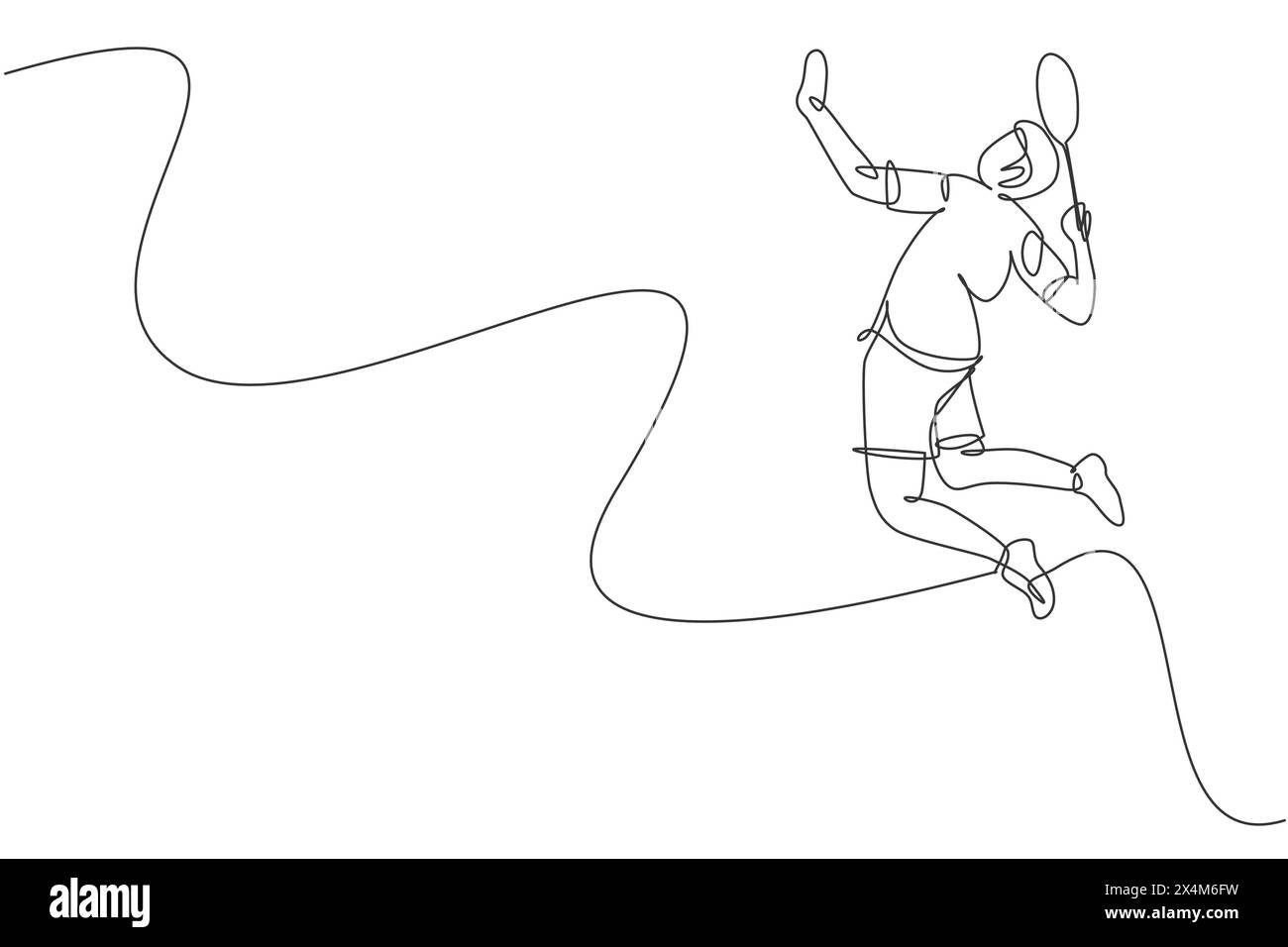 Single continuous line drawing of young agile badminton player jump hit ...