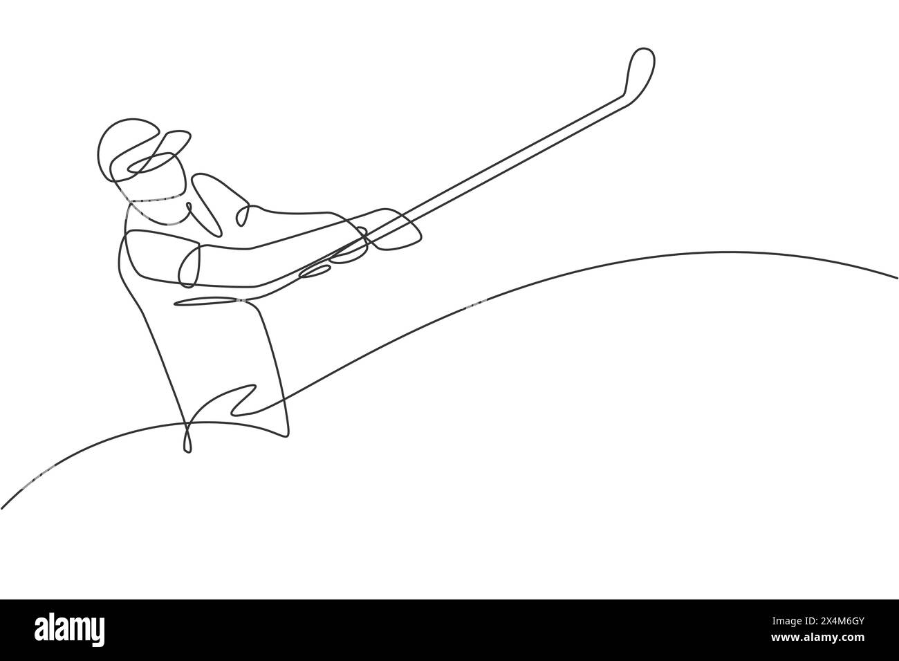 Single continuous line drawing of young happy golf player swing the ...