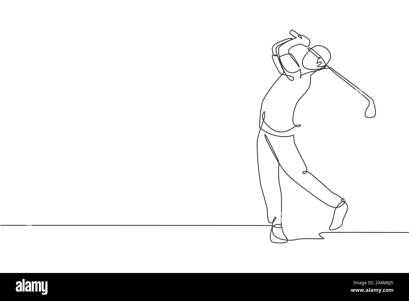 One single line drawing of young sporty golf player hit the ball using ...