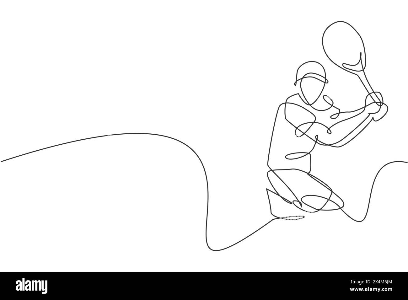 One single line drawing young energetic male tennis player hit the ball graphic vector ...