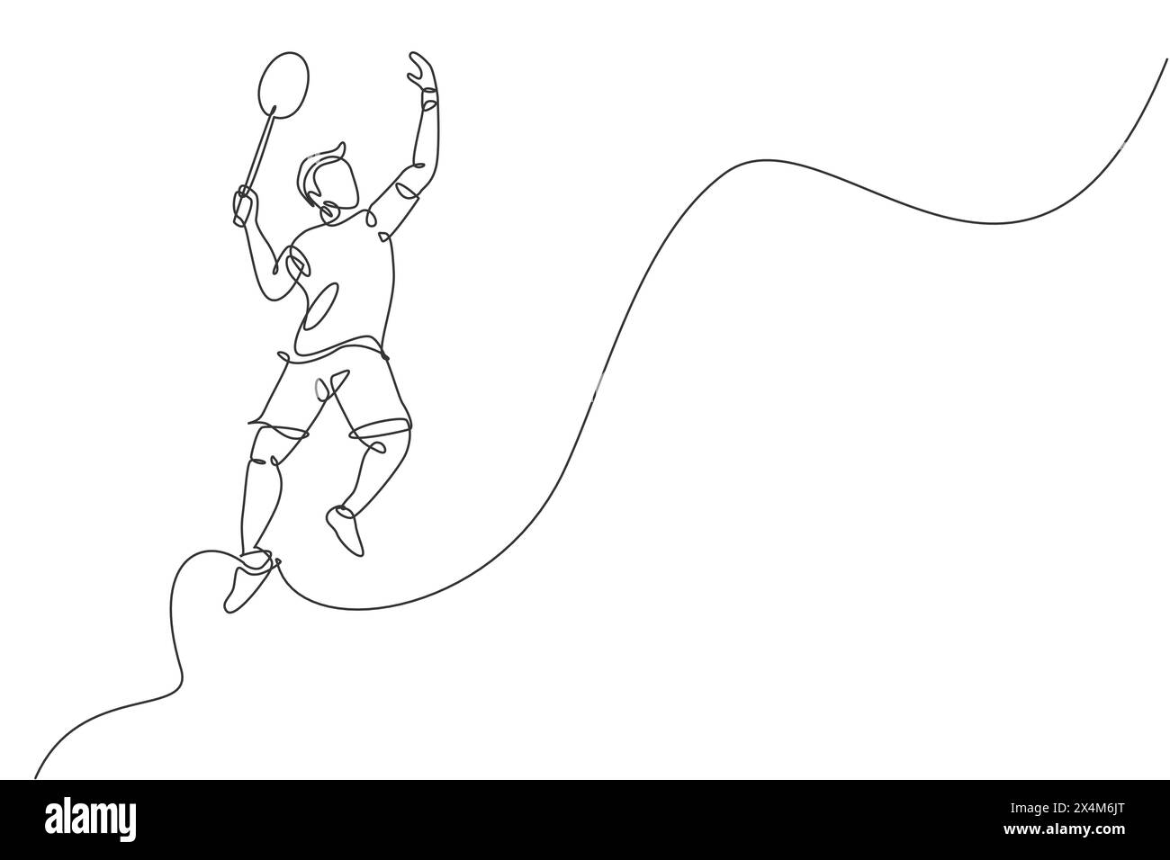 Single continuous line drawing young agile badminton player jumping ...