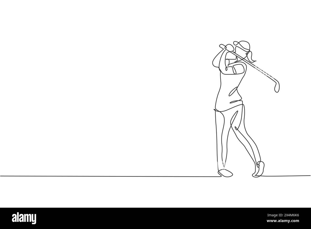 One continuous line drawing of young golf player swing golf club and ...