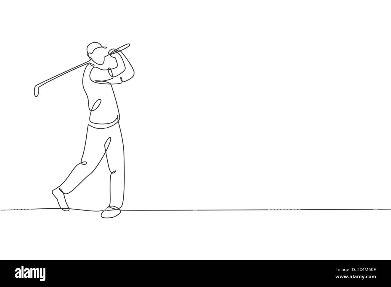 One continuous line drawing of young golf player swing golf club and ...