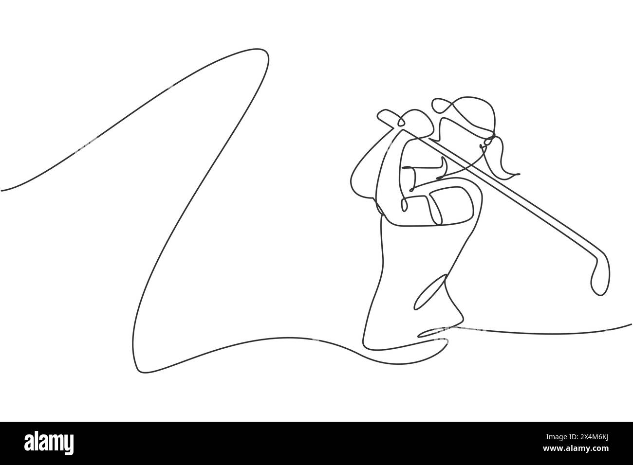 Single continuous line drawing of young happy golf player swing the ...