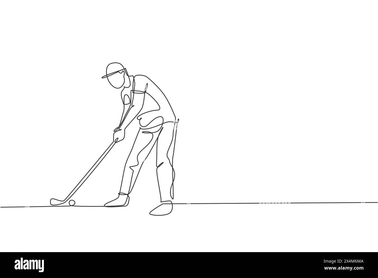 One single line drawing of young sporty golf player hit the ball using ...