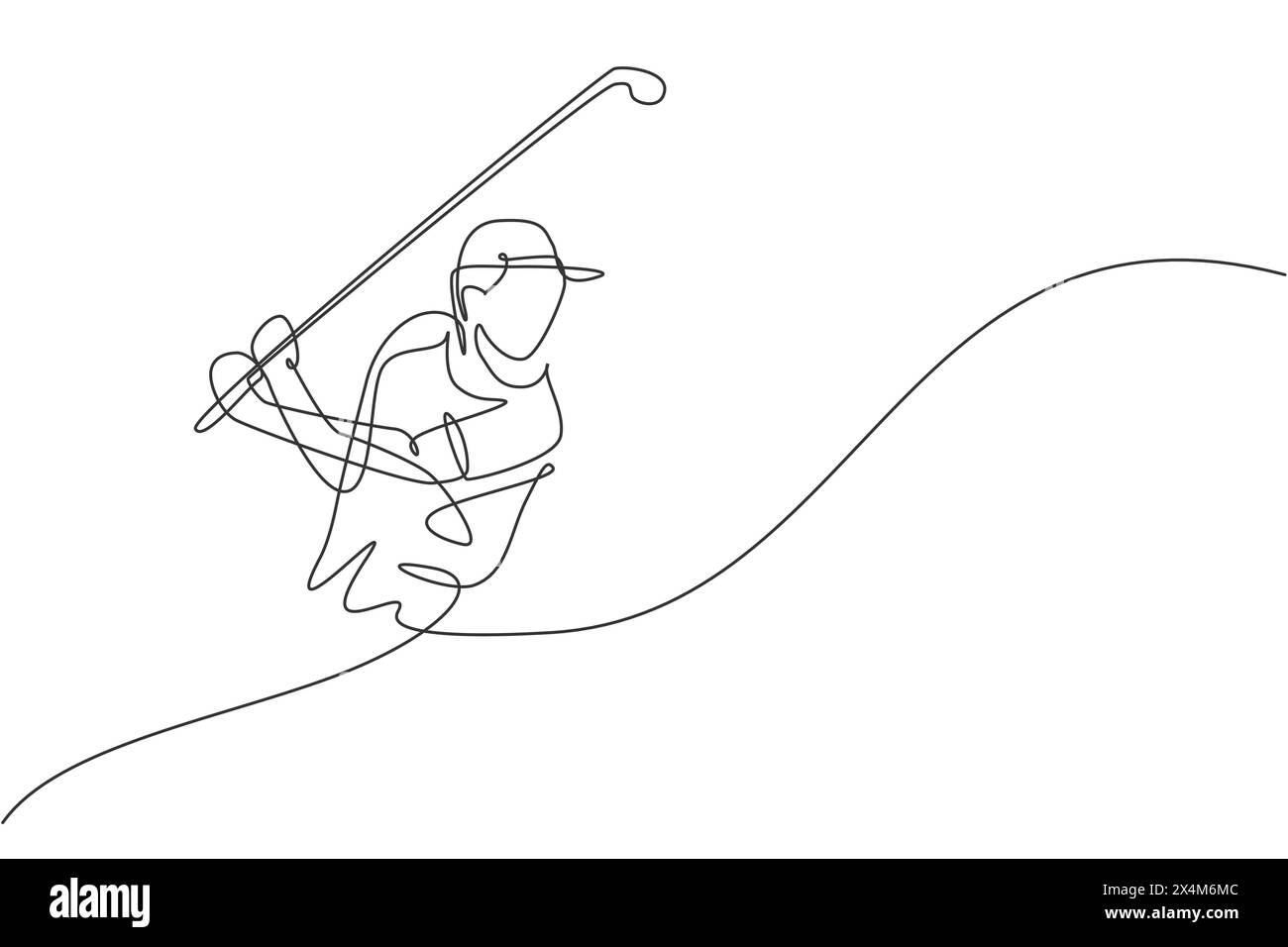 One continuous line drawing of young golf player swing golf club and ...