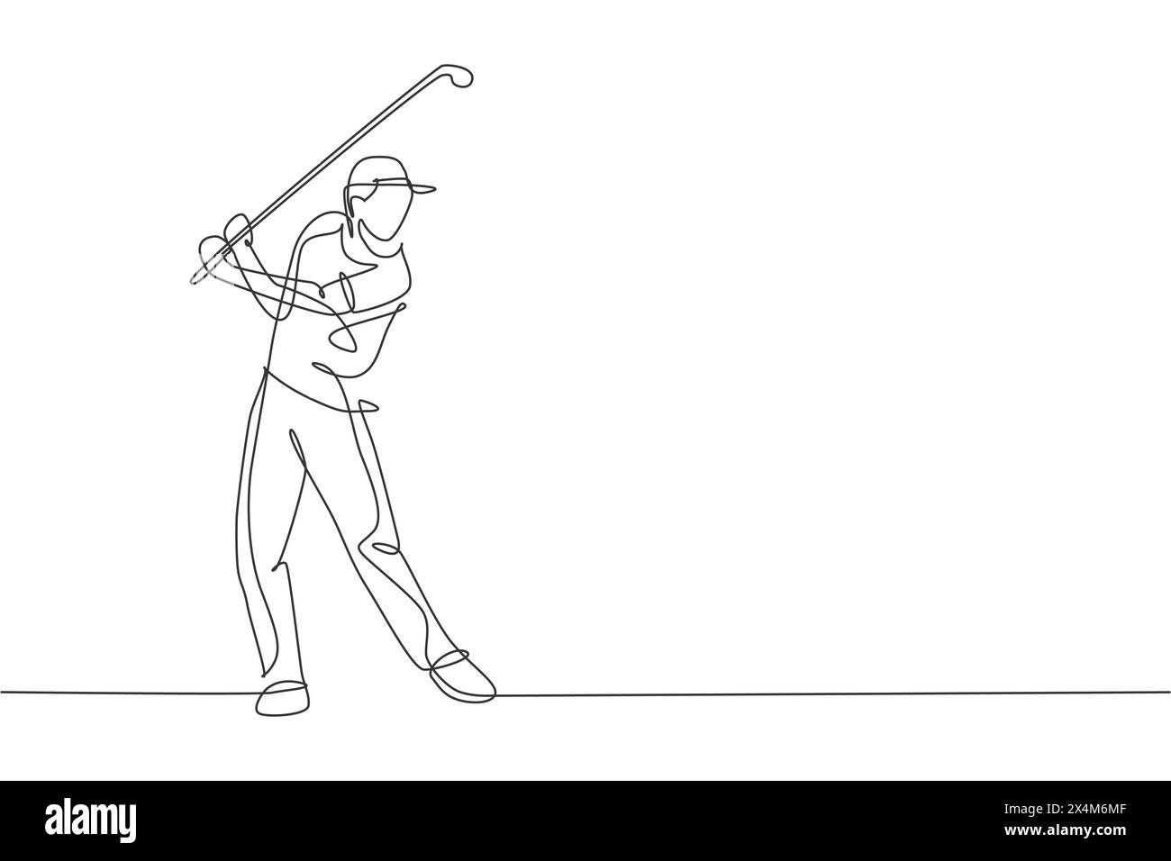 Single continuous line drawing of young happy golf player swing the ...