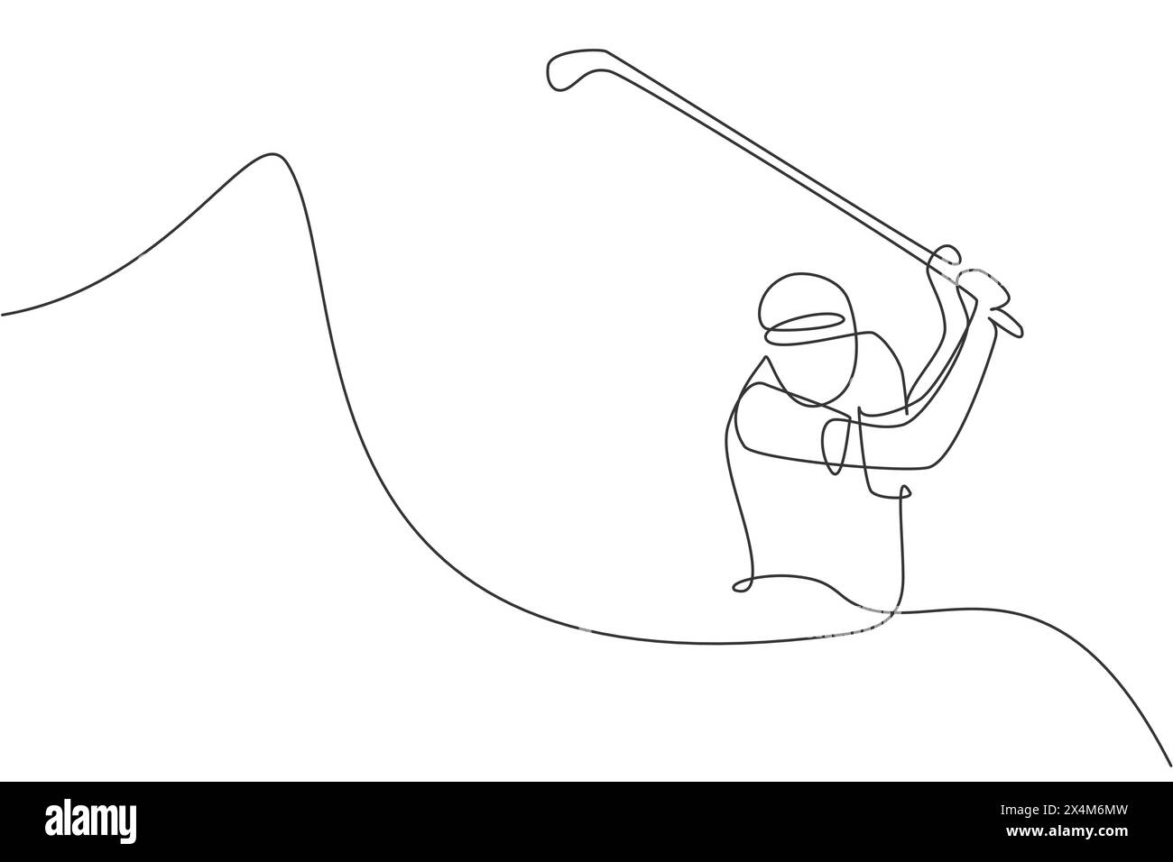 Single continuous line drawing of young happy golf player swing the ...