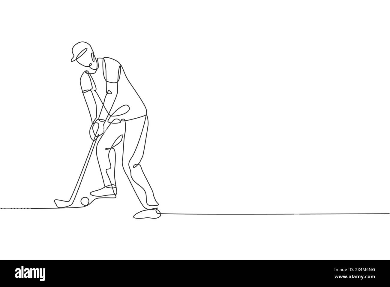 One single line drawing of young sporty golf player hit the ball using ...