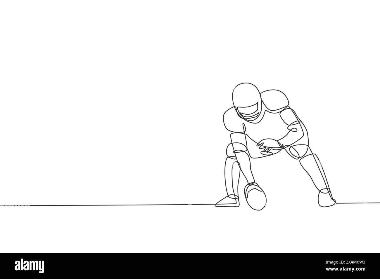 One single line drawing of energetic american football player stance to pass the ball for ...