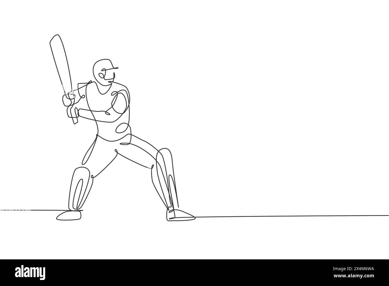 One single line drawing young energetic man cricket player stance ...