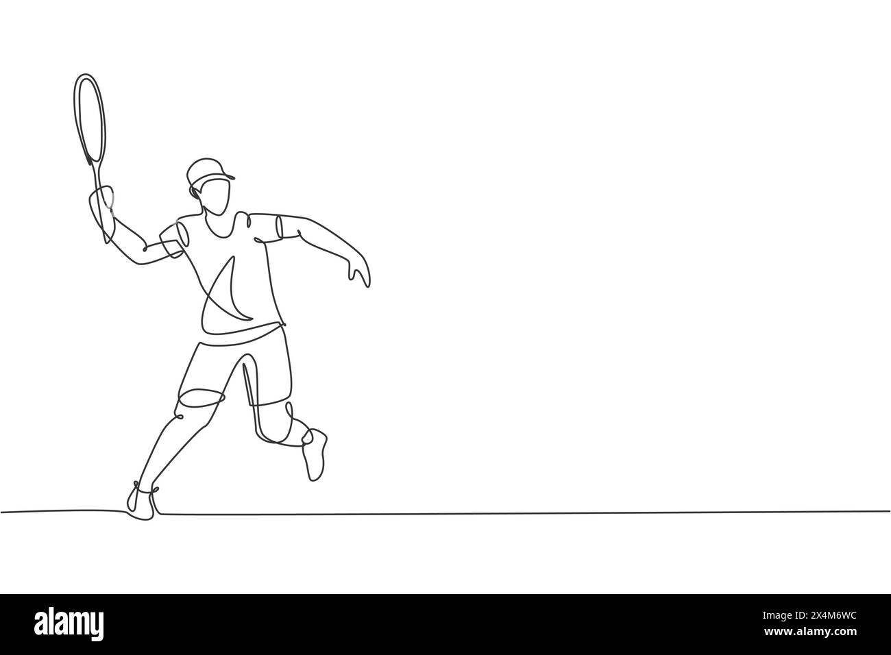 One single line drawing young energetic man tennis player hit the ball ...