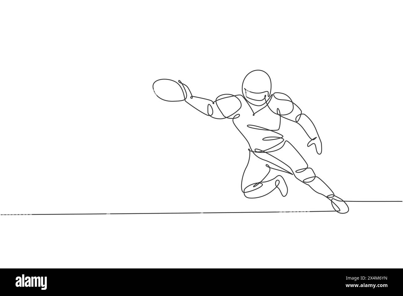 One single line drawing of young energetic american football player jump and catch ball for ...