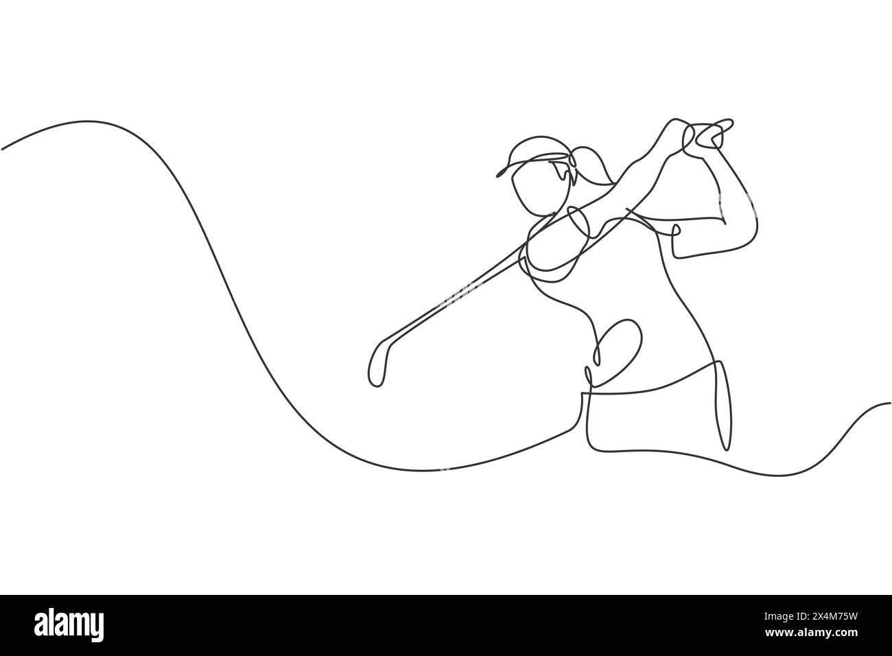 One single line drawing of young sporty golf player hit the ball using ...