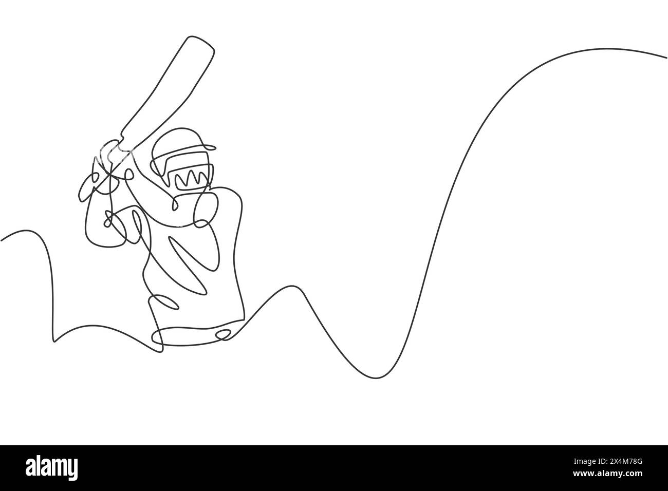 One single line drawing of young energetic man cricket player practice to hit the ball precisely ...