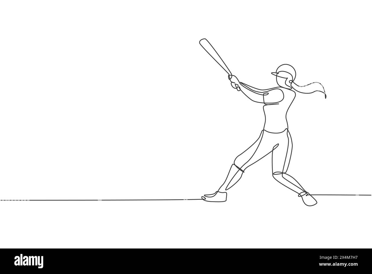 One single line drawing of young energetic woman baseball player ...