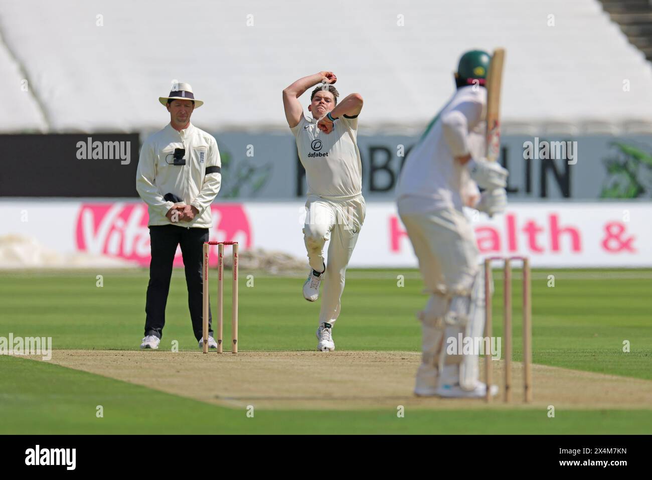London. 4th May 2024. Ethan Bamber (54 Middlesex) bowling at Lewis Hill ...