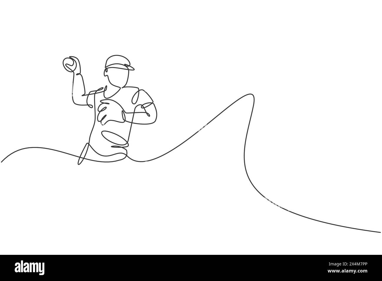 One single line drawing of young energetic man baseball pitcher train to throw the ball vector ...