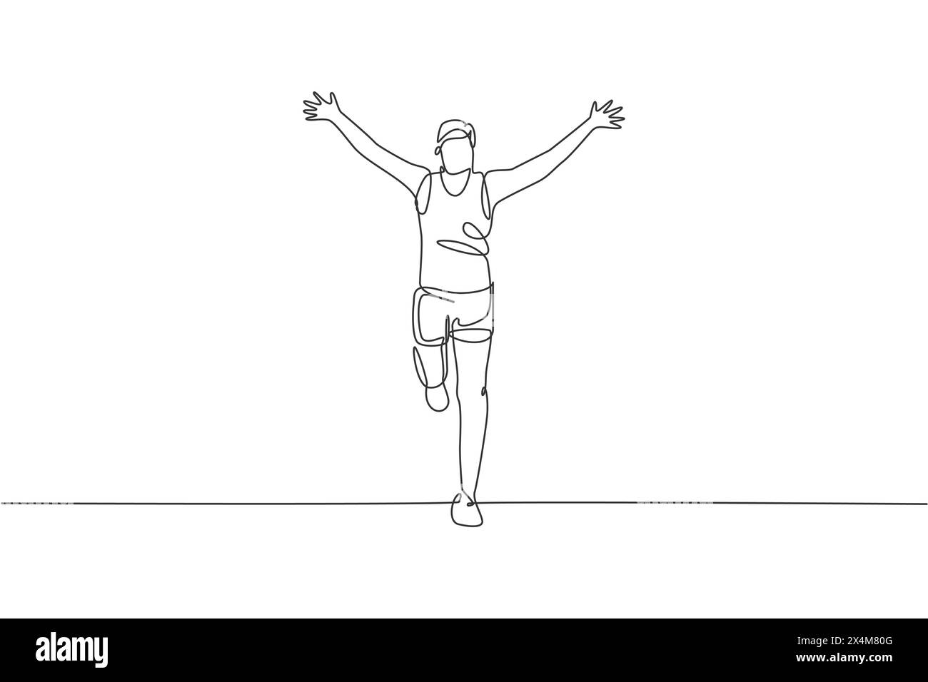 One continuous line drawing of young man athlete runner reach finish ...
