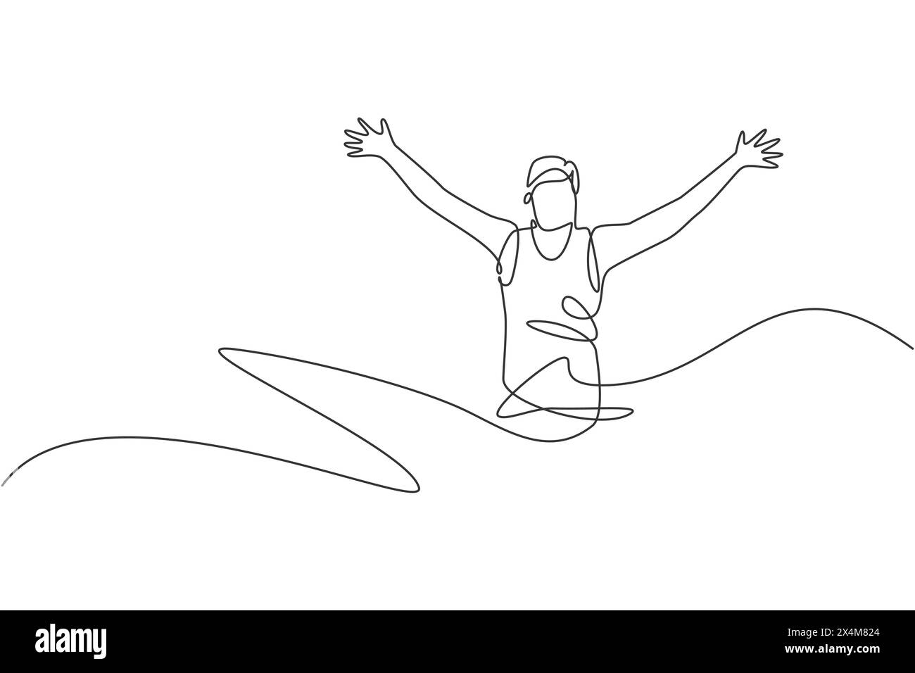 One continuous line drawing of young man athlete runner reach finish ...
