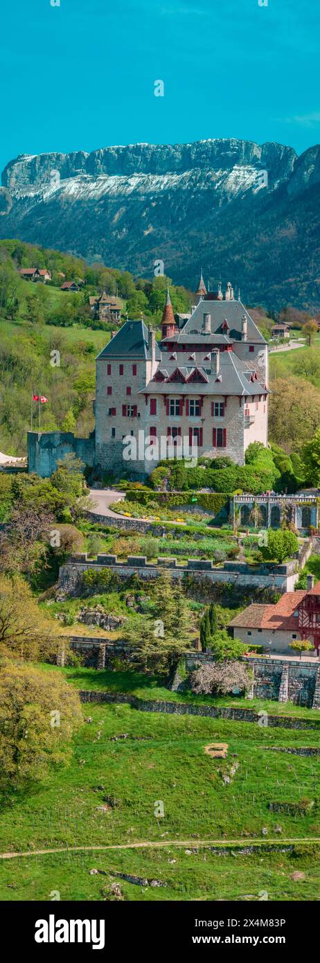 Aerial view of the Chateau de Menthon is a medieval castle located in ...