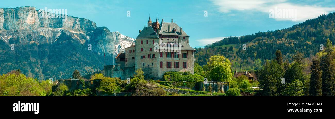 Aerial view of the Chateau de Menthon is a medieval castle located in ...
