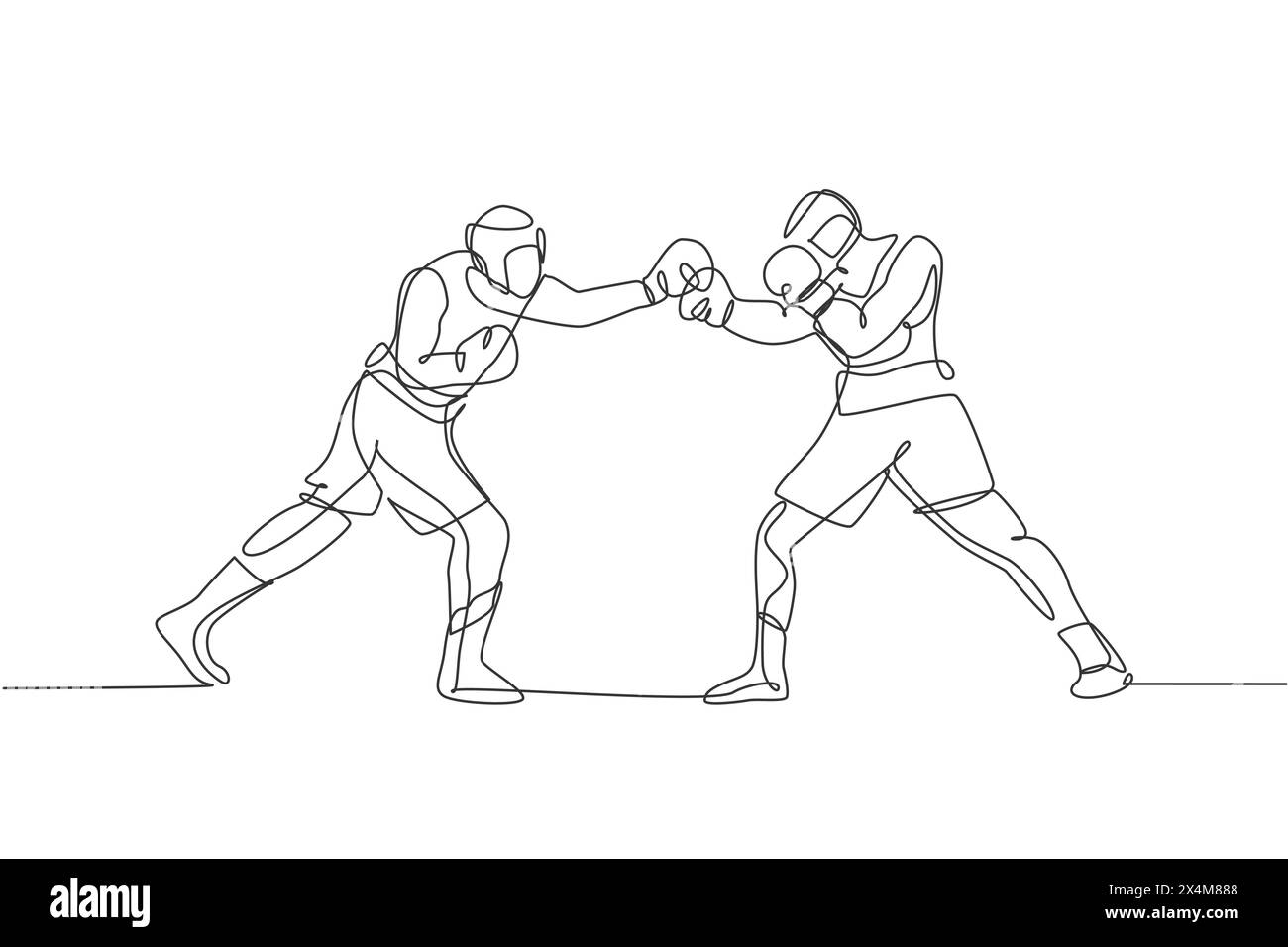 One continuous line drawing of two young sporty men boxer duel at ...