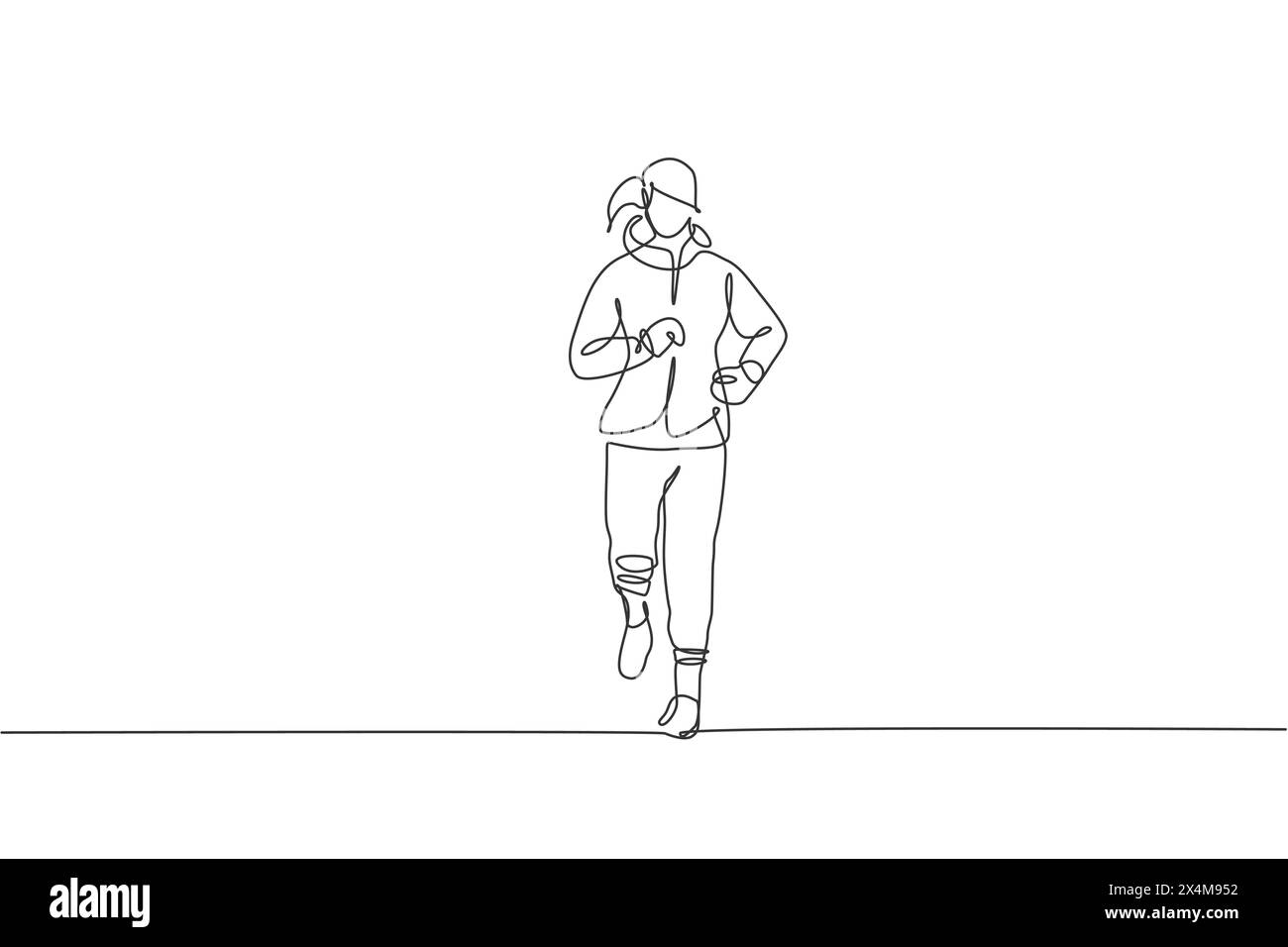 One continuous line drawing of young sporty runner woman relax running ...
