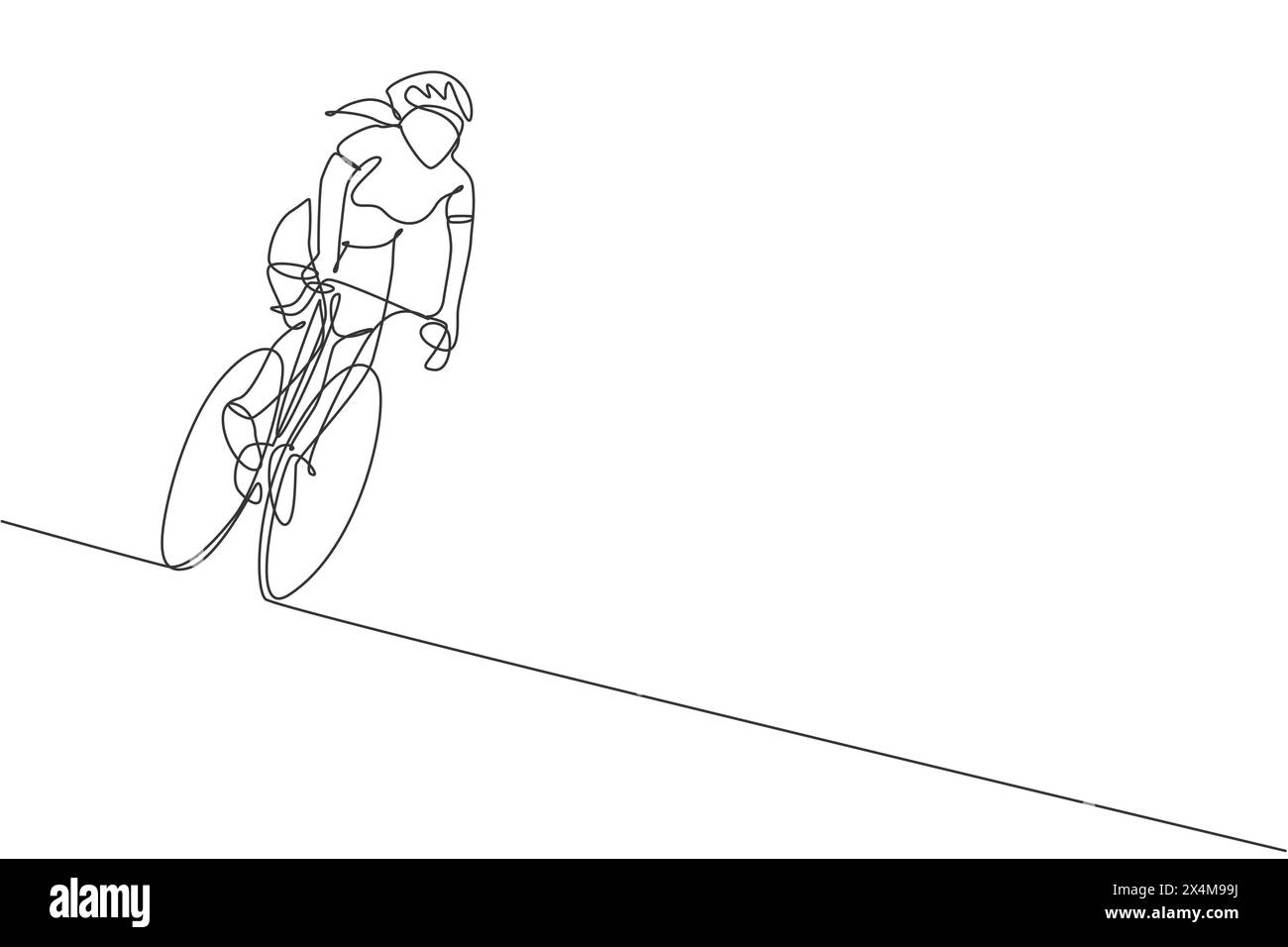 One single line drawing young energetic woman bicycle racer race at ...