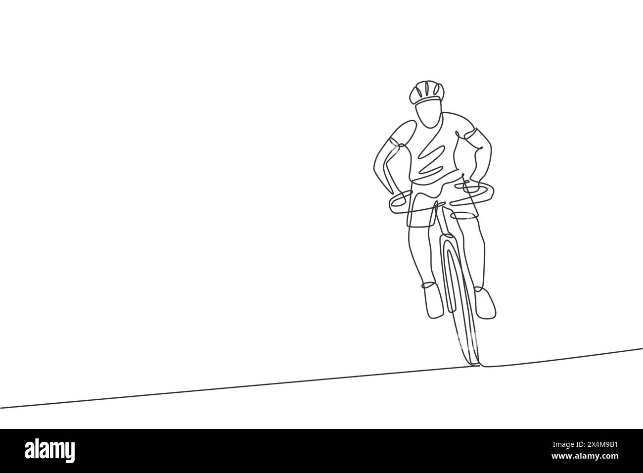 Single continuous line drawing young agile man cyclist focus training ...