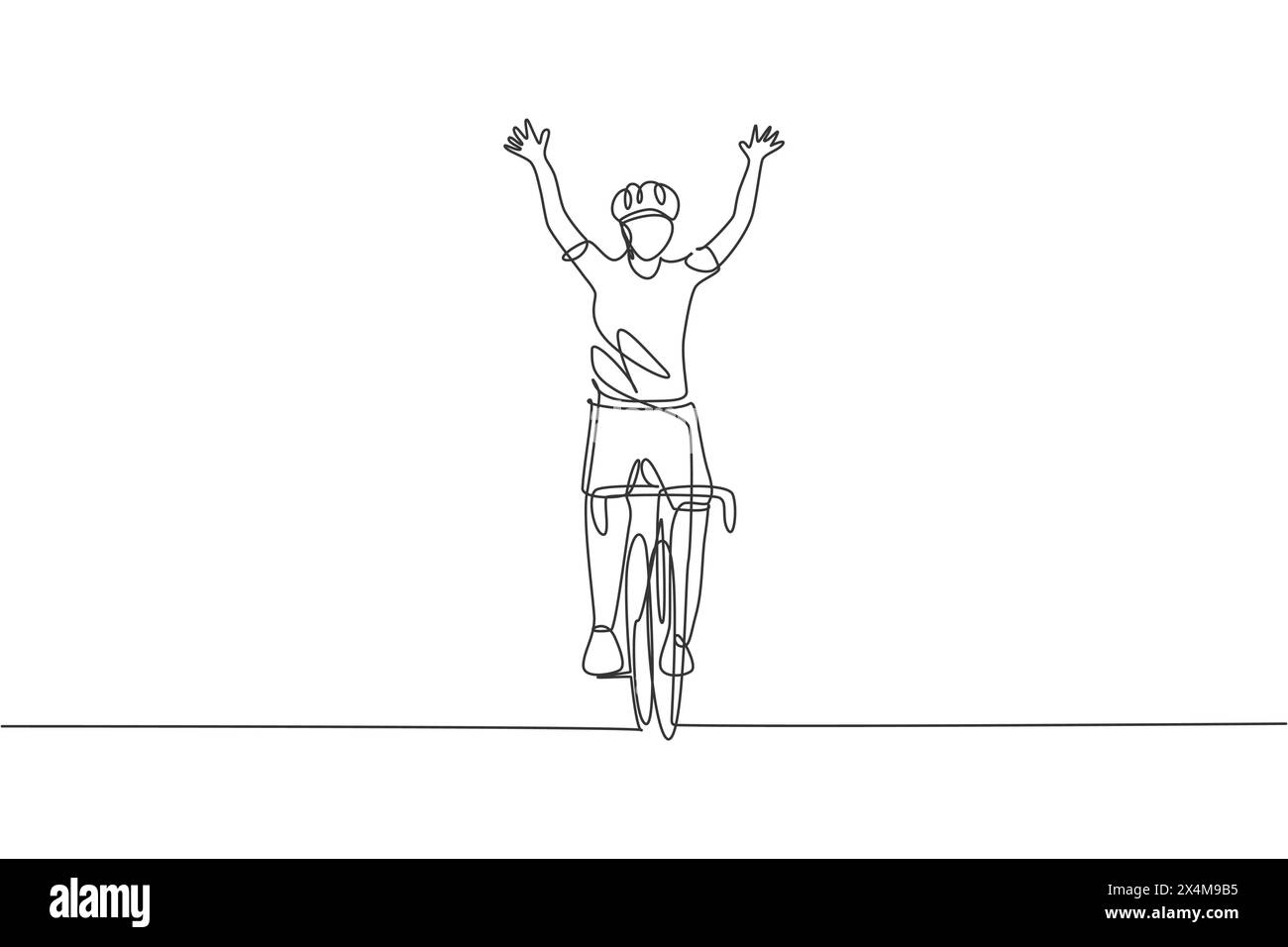 One continuous line drawing of young sporty man bicycle racer cross finish line and raise up his ...