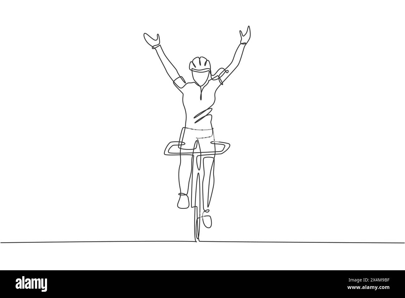 Single continuous line drawing of young agile woman cyclist raise her ...