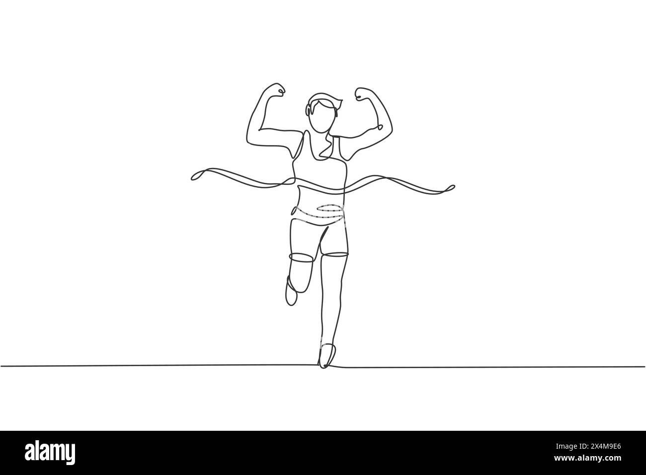 One single line drawing of young happy runner man pass finish line and ...