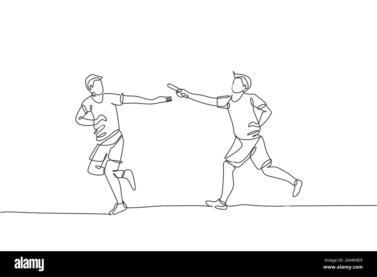 One single line drawing young happy runner man pass baton stick to his ...