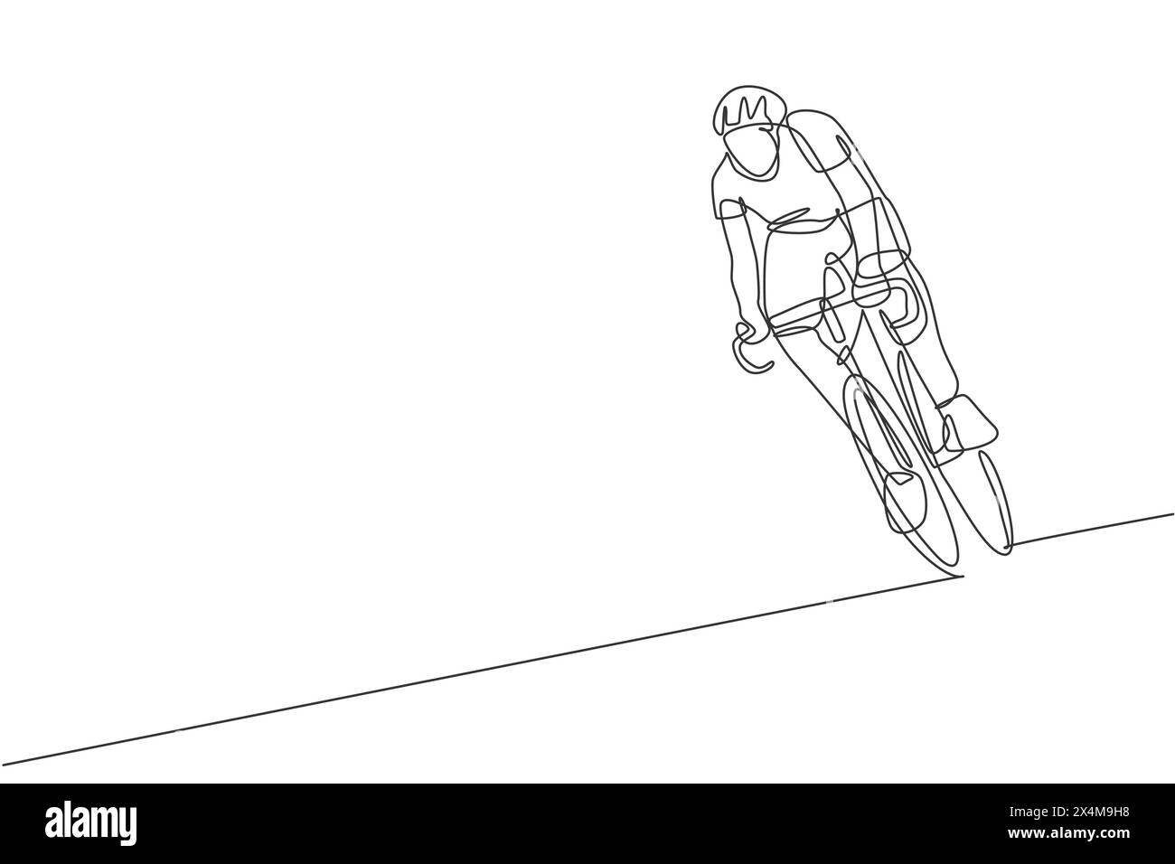 One single line drawing of young energetic man bicycle racer training ...