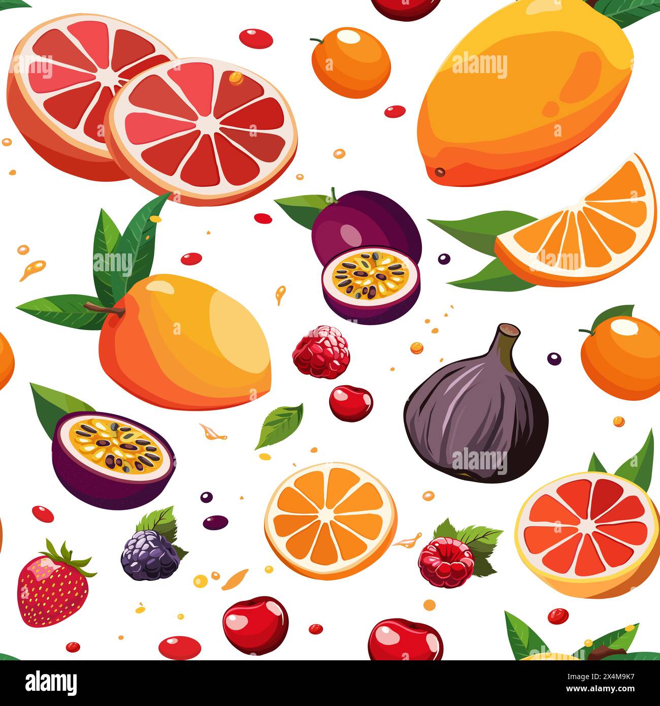 Vector seamless pattern with fruits, berries and green leaves. Isolated ...