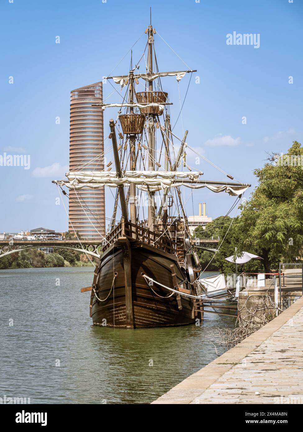 The Nao Victoria replica carrack ship docked at the Guadalquivir River ...